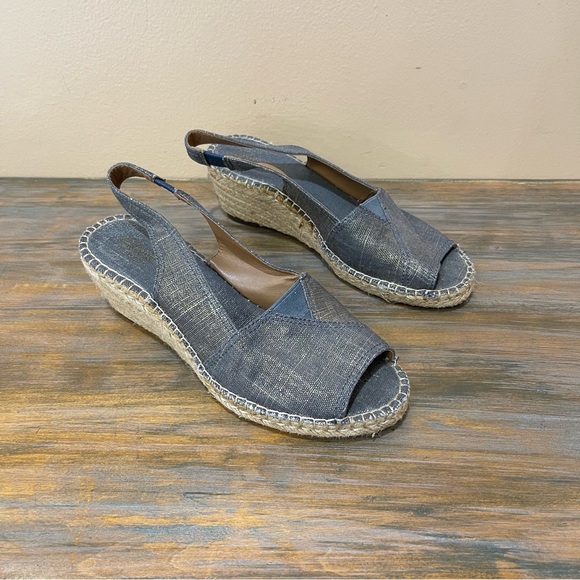 Clarks | Shoes | Clarks Sharon Dasher Shimmer Wedge Sandals Blue Gold ...
